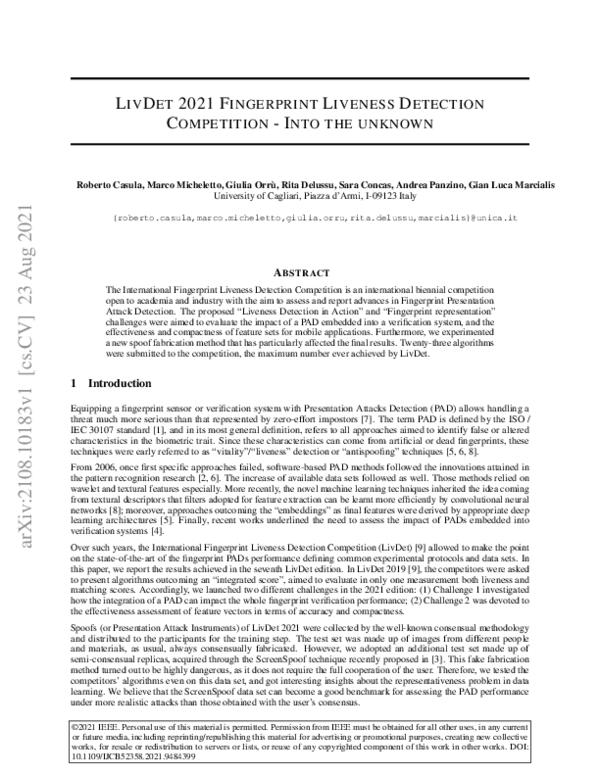 (PDF) LivDet 2021 Fingerprint Liveness Detection Competition - Into the unknown