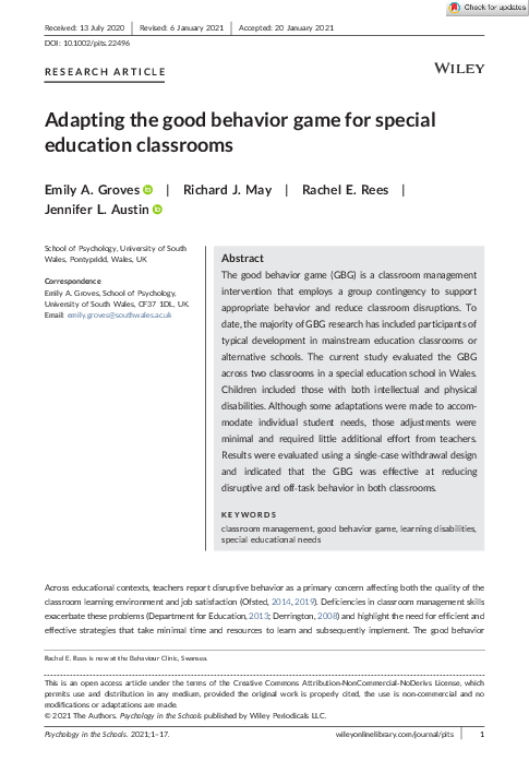 (PDF) Adapting the good behavior game for special education classrooms