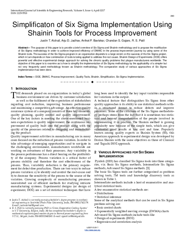 (PDF) Simplificaton of Six Sigma Implementation Using Shainin Tools for ...
