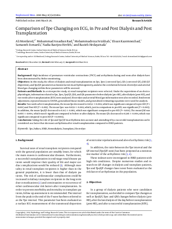 (PDF) Comparison of Tpe Changing on ECG, in Pre and Post Dialysis and Post Transplantation