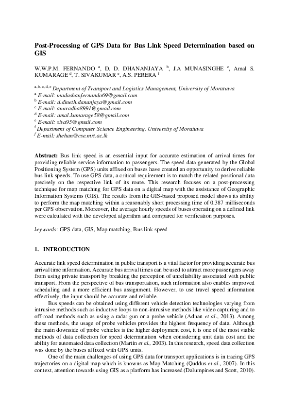 (PDF) Post-Processing of GPS Data for Bus Link Speed Determination based on GIS