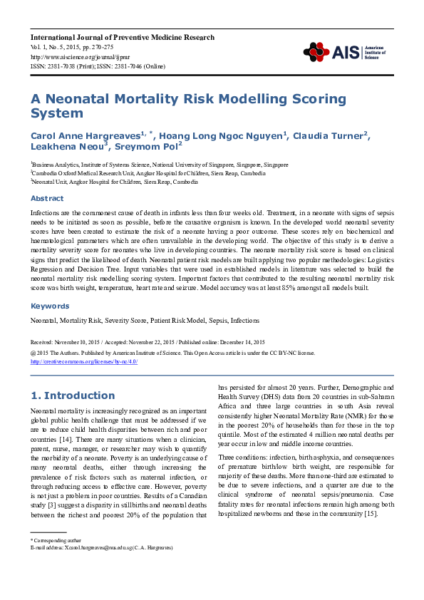 (PDF) A Neonatal Mortality Risk Modelling Scoring System