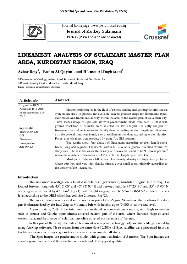 (PDF) Lineament Analysis of Sulaimani Master Plan Area, Kurdistan ...
