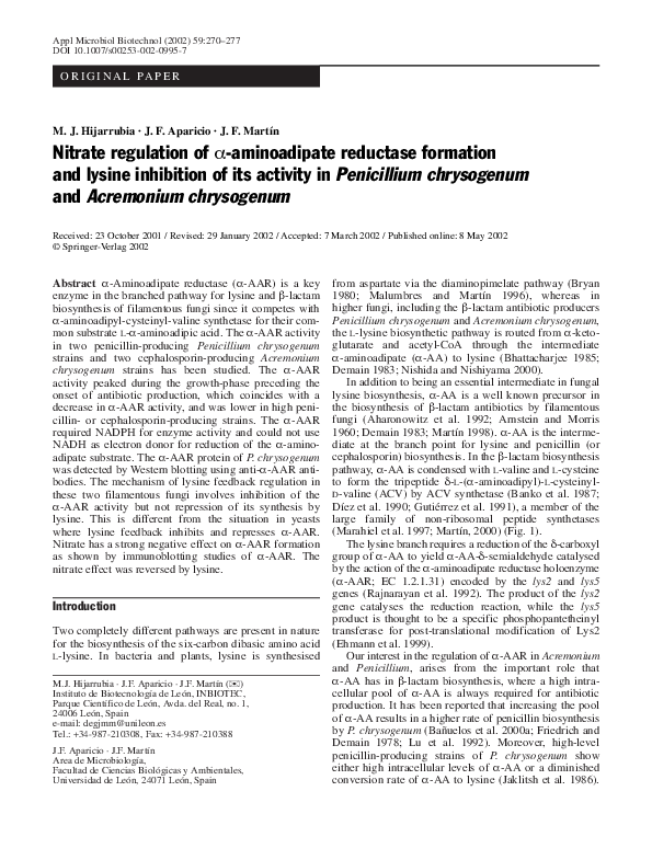 (PDF) Nitrate regulation of α-aminoadipate reductase formation and ...