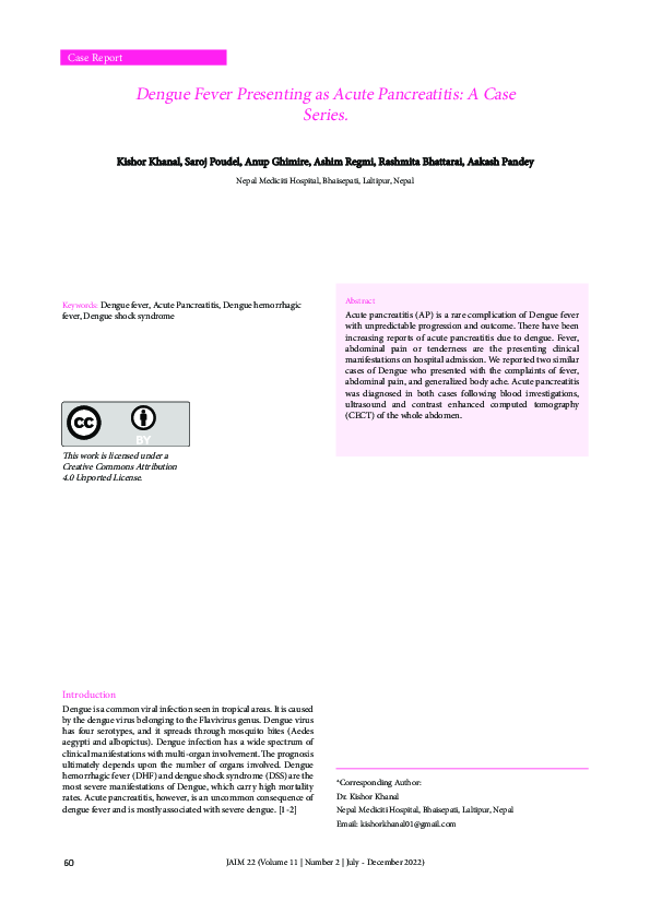(PDF) Dengue Fever Presenting as Acute Pancreatitis: A Case Series