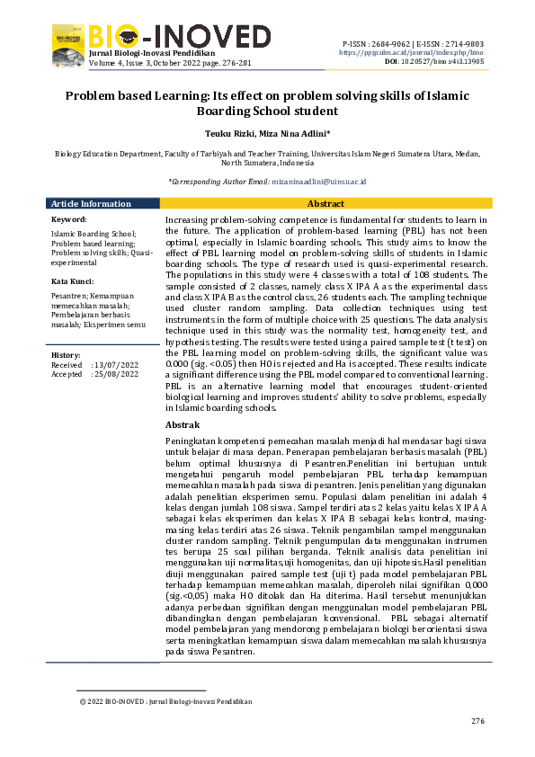 (PDF) Problem based Learning: Its effect on problem solving skills of Islamic Boarding School ...