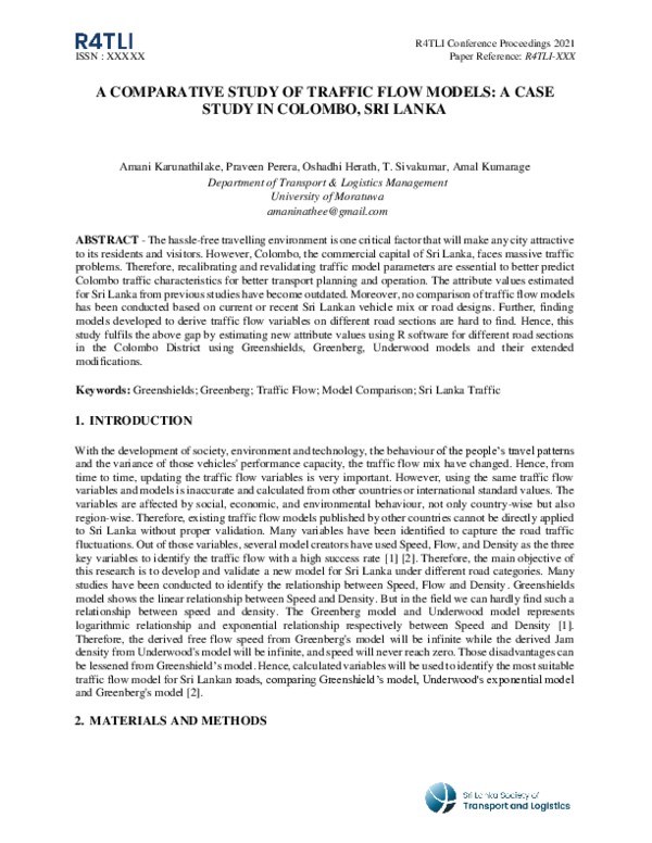 (PDF) A COMPARATIVE STUDY OF TRAFFIC FLOW MODELS: A CASE STUDY IN COLOMBO, SRI LANKA