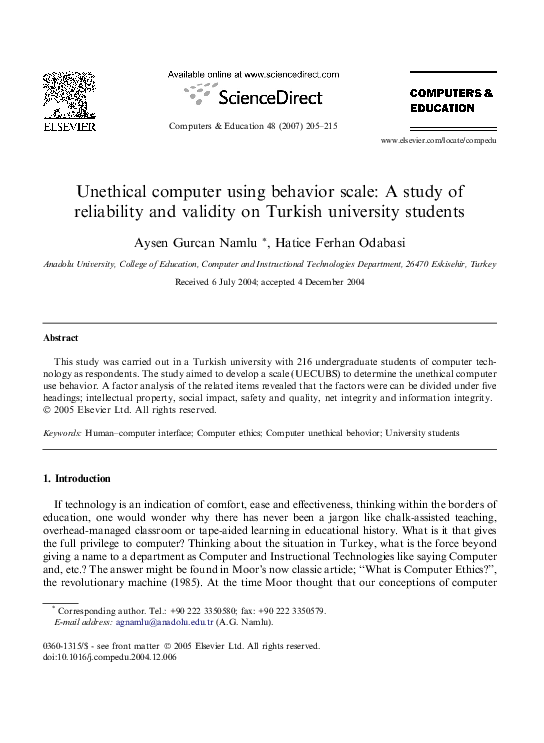 (PDF) Unethical computer using behavior scale: A study of reliability and validity on Turkish ...