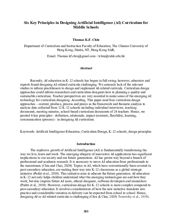 (PDF) Six Key Principles in Designing Artificial Intelligence (AI) Curriculum for Middle Schools