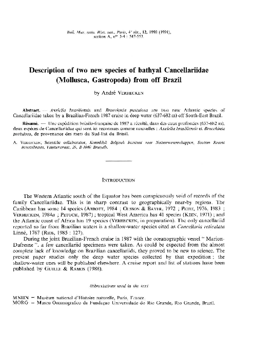 (PDF) Description of two new species of bathyal Cancellariidae (Mollusca, Gastropoda) from off ...