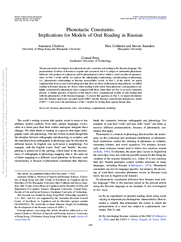 (PDF) Phonotactic Constraints: Implications for Models of Oral Reading in Russian