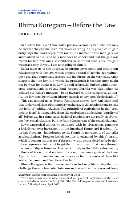 (PDF) Kafka, Bhima Koregaon -- Before the Law