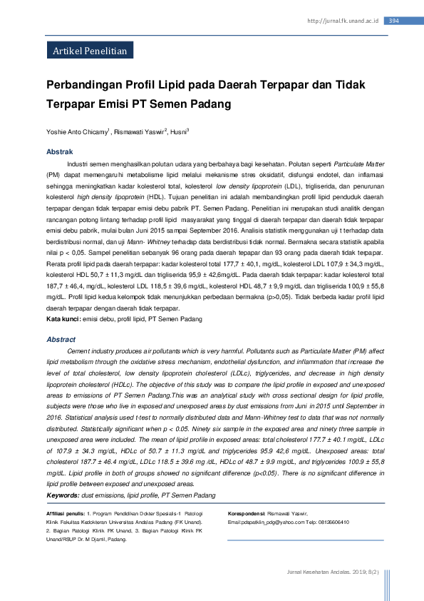 (PDF) Perbandingan Profil Lipid pada Daerah Terpapar dan Tidak Terpapar Emisi PT Semen Padang