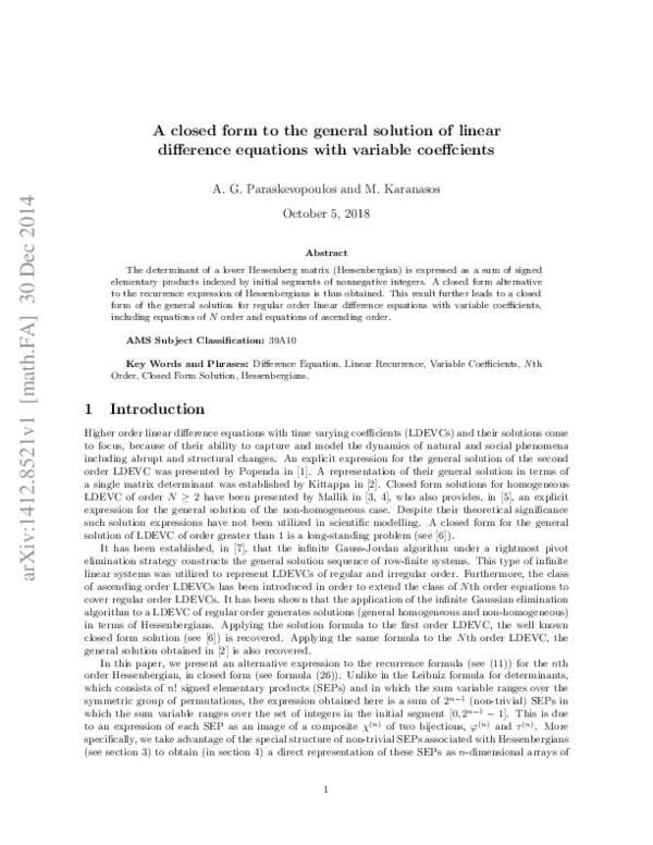 Pdf A Closed Form To The General Solution Of Linear Difference Equations With Variable