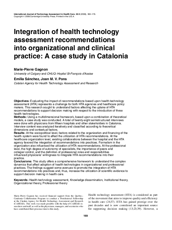 (PDF) Integration of health technology assessment recommendations into organizational and ...