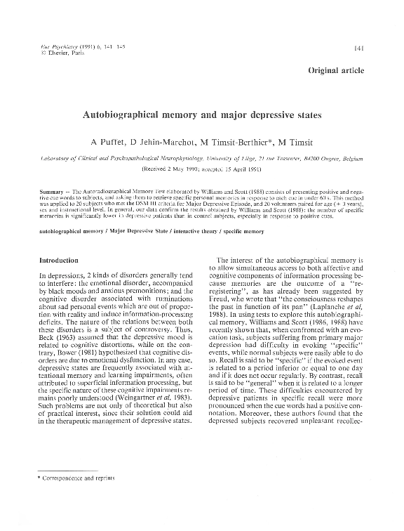 (PDF) Autobiographical memory and major depressive states