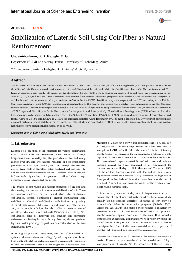 (PDF) Stabilization of Lateritic Soil Using Coir Fiber as Natural ...