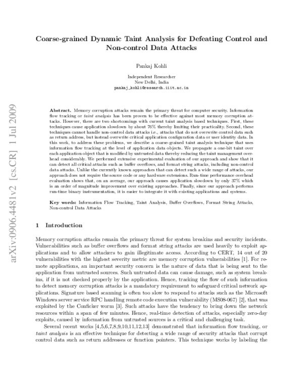 (PDF) Coarse-grained Dynamic Taint Analysis for Defeating Control and Non-control Data Attacks