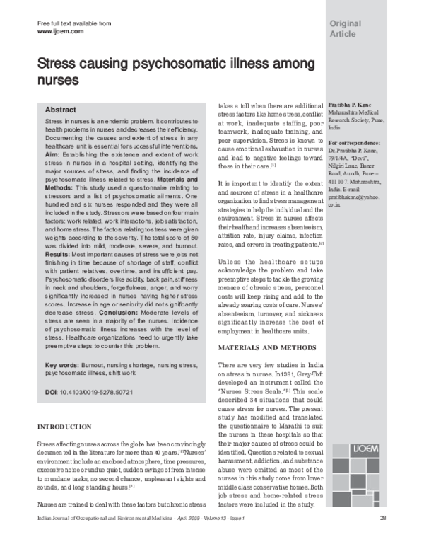 (PDF) Stress causing psychosomatic illness among nurses