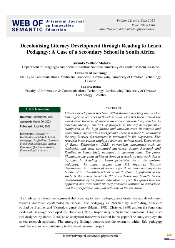 (PDF) Decolonising Literacy Development through Reading to Learn ...