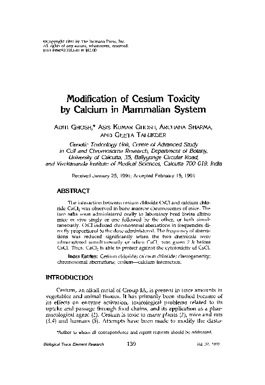 (PDF) Modification of cesium toxicity by calcium in mammalian system