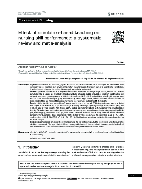 (PDF) Effect of simulation-based teaching on nursing skill performance: a systematic review and ...