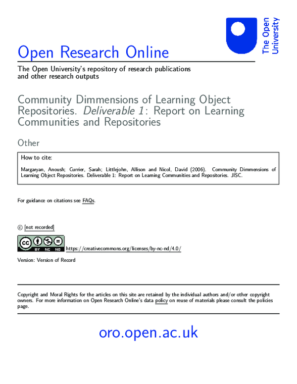 (PDF) Community Dimmensions of Learning Object Repositories. Deliverable 1 : Report on Learning ...
