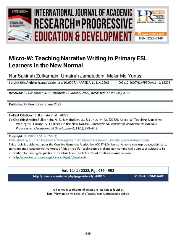 (PDF) Micro-W: Teaching Narrative Writing to Primary ESL Learners in ...