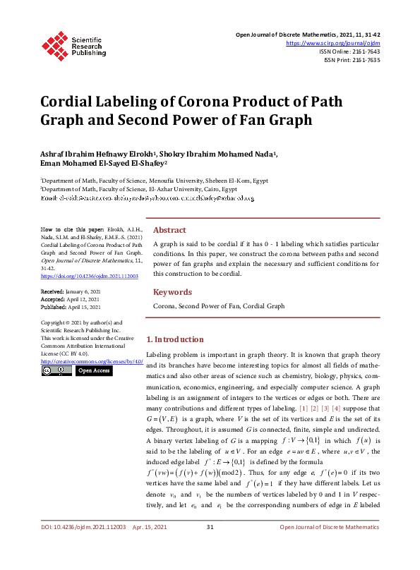 (PDF) Cordial Labeling of Corona Product of Path Graph and Second Power of Fan Graph