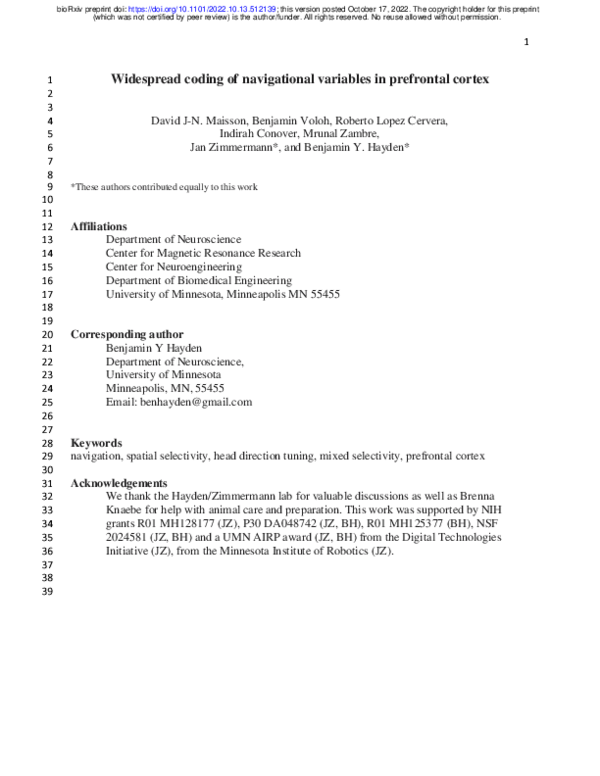 Pdf Widespread Coding Of Navigational Variables In Prefrontal Cortex