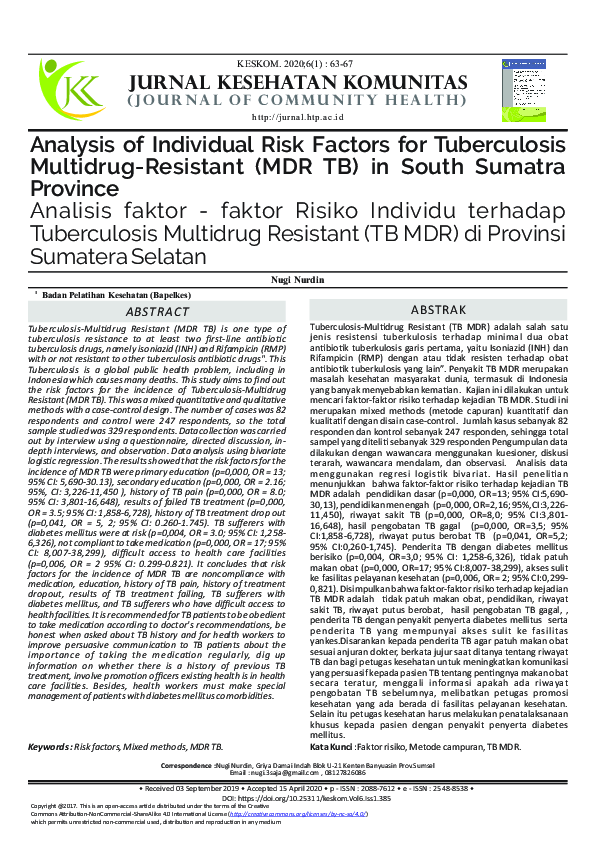 (PDF) Analisis faktor-faktor determinan Individu terhadap Tuberculosis Multidrug Resistant (TB ...