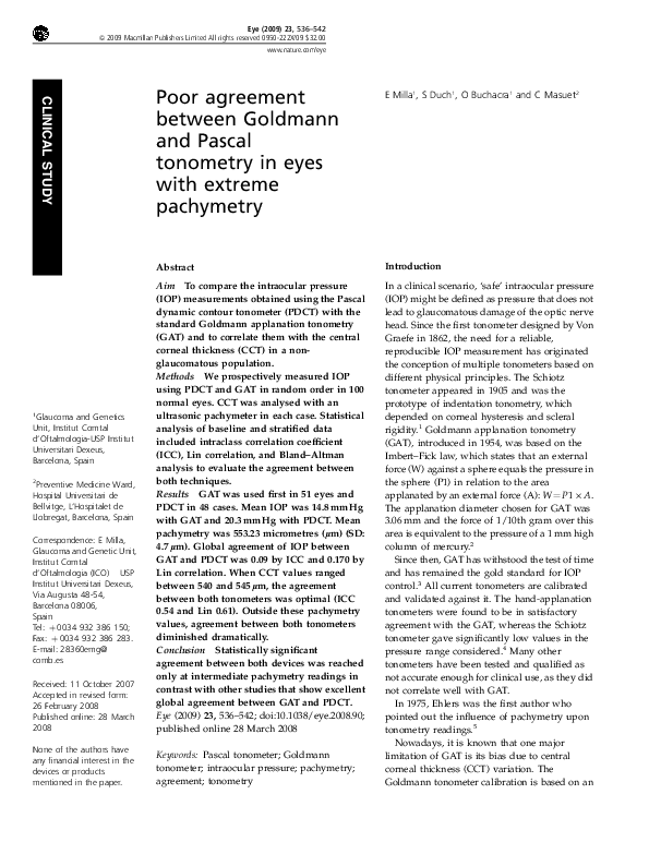 (PDF) Poor agreement between Goldmann and Pascal tonometry in eyes with ...