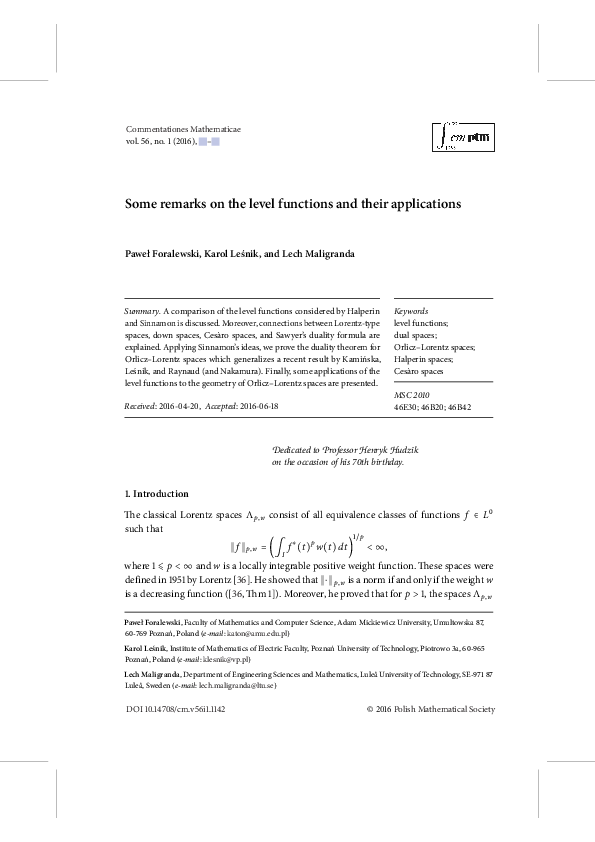 (PDF) Some remarks on level functions and their applications