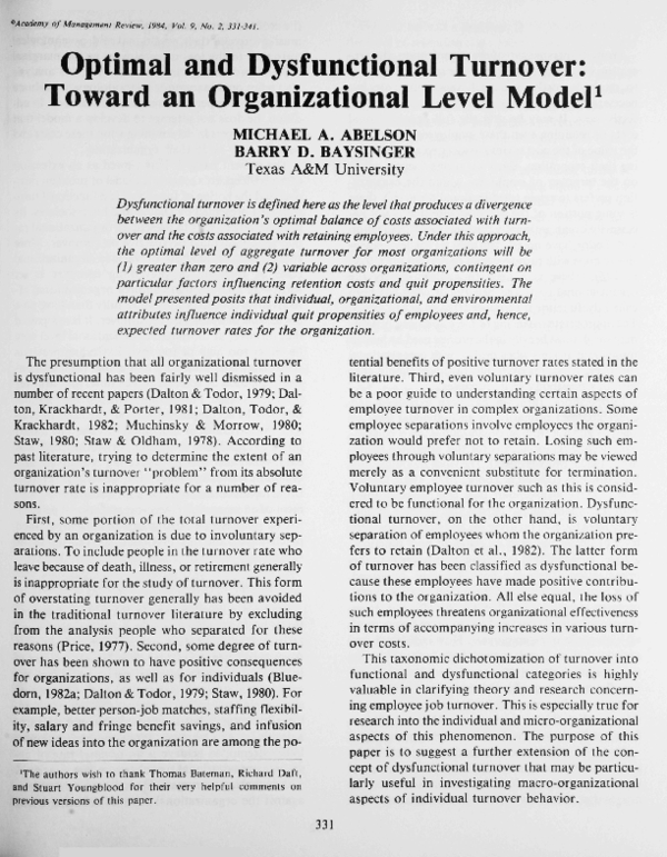 (PDF) Optimal and Dysfunctional Turnover: Toward an Organizational ...