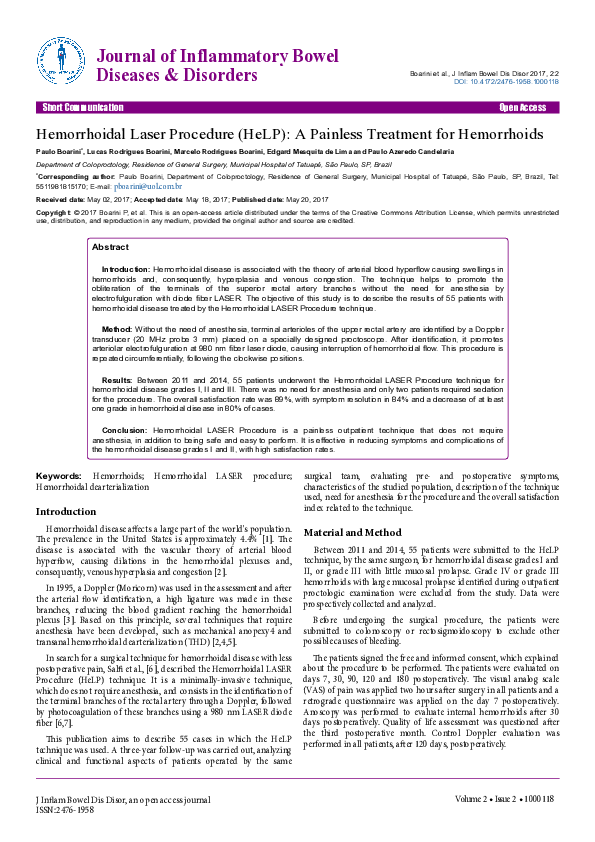 (PDF) Hemorrhoidal Laser Procedure (HeLP): A Painless Treatment for ...