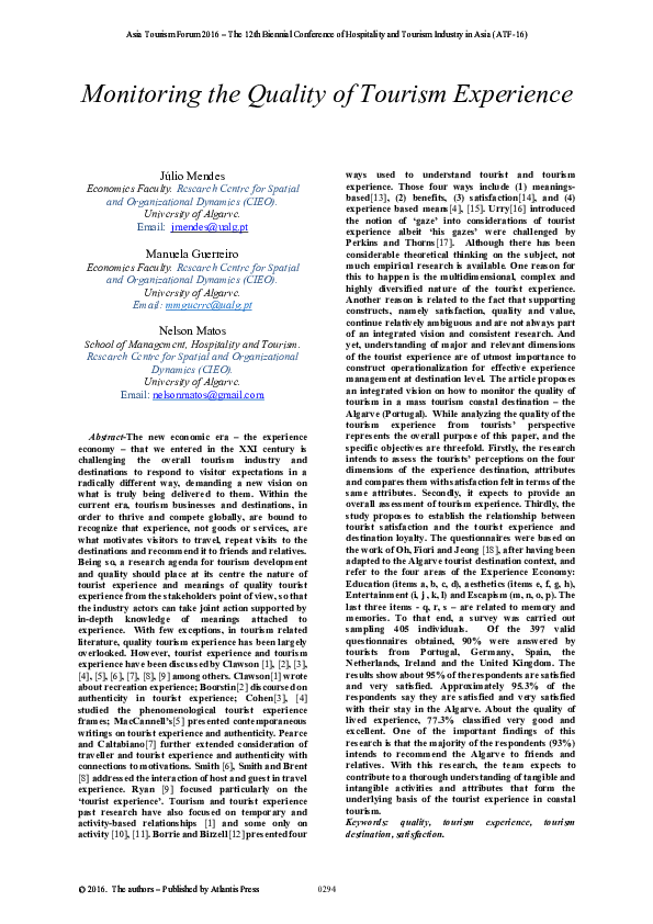 (PDF) Monitoring the Quality of Tourism Experience