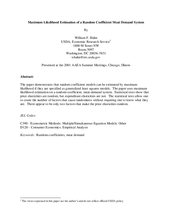 (PDF) Maximum Likelihood Estimation of a Random Coefficient Meat Demand System