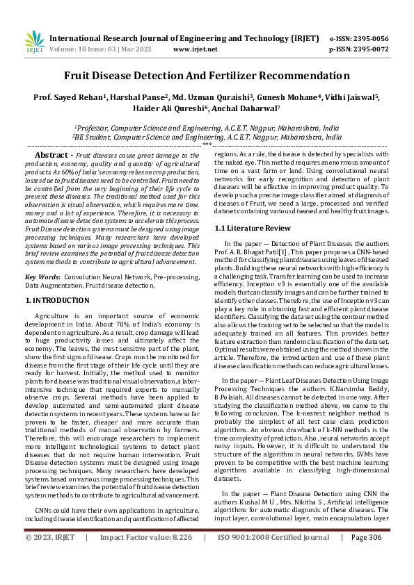 Pdf Fruit Disease Detection And Fertilizer Recommendation Irjet