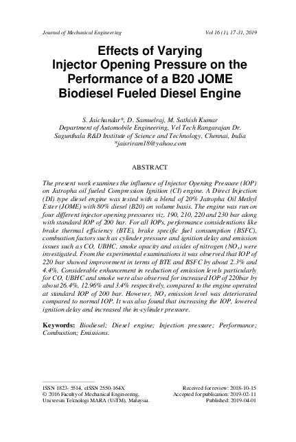 (PDF) Effects of Varying Injector Opening Pressure on the Performance ...