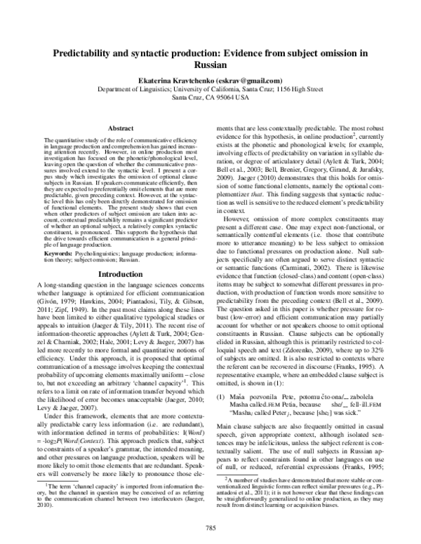 (PDF) Predictability and syntactic production: Evidence from subject ...