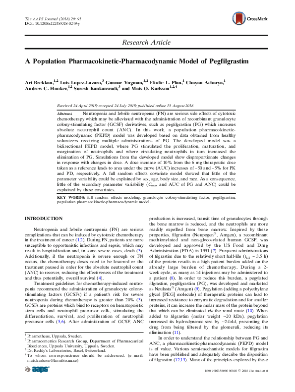 (PDF) A Population Pharmacokinetic-Pharmacodynamic Model of Pegfilgrastim