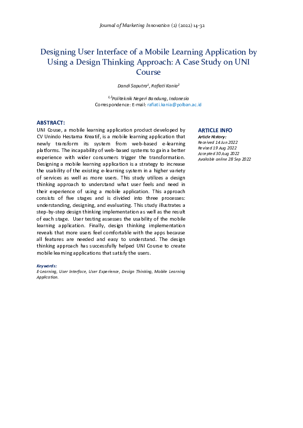 (PDF) Designing User Interface of a Mobile Learning Application by Using a Design Thinking ...