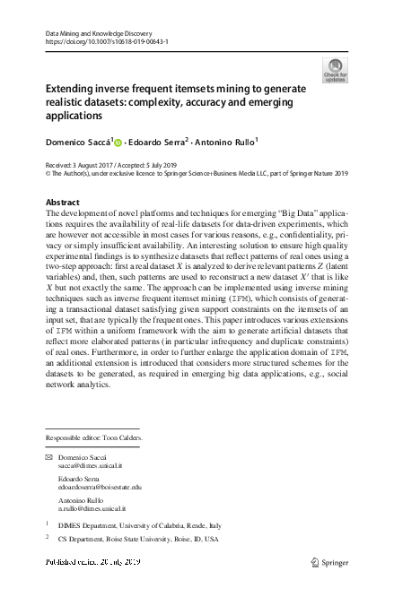 (PDF) Extending inverse frequent itemsets mining to generate realistic datasets: complexity ...