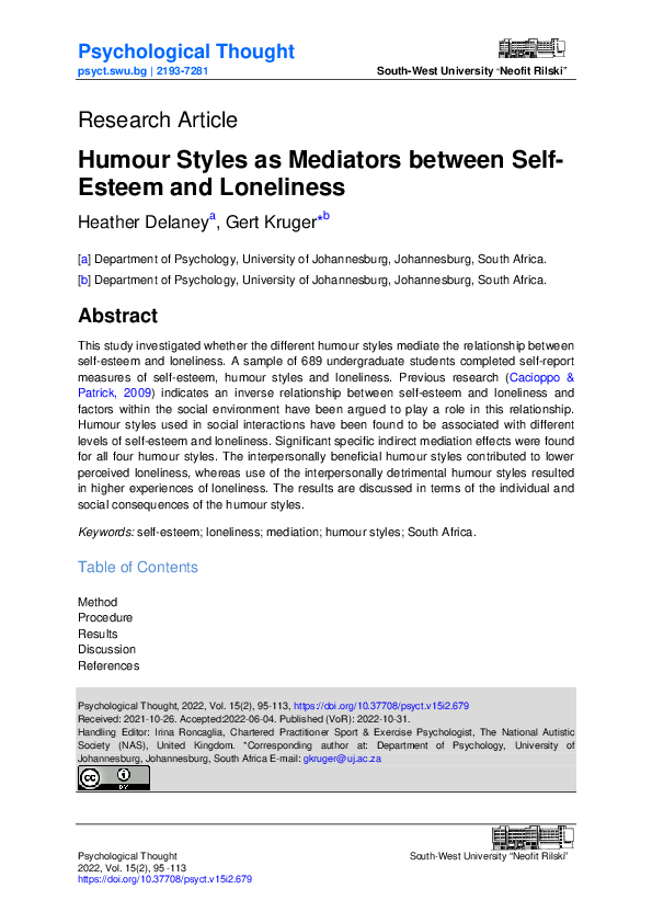 (PDF) Humour Styles as Mediators Between Self-Esteem and Loneliness