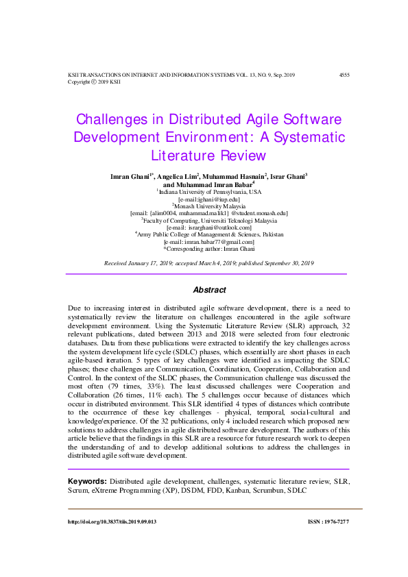 Pdf Challenges In Distributed Agile Software Development Environment A Systematic Literature