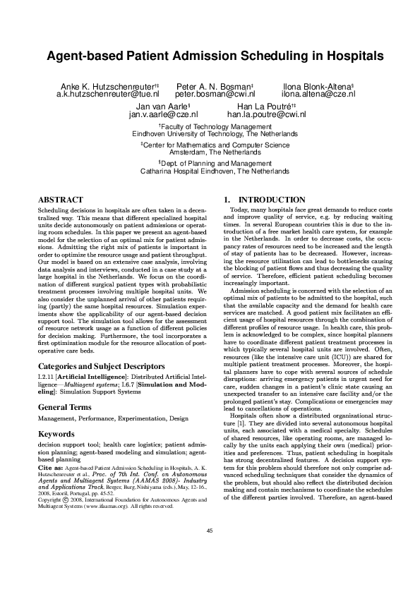 Pdf Agent Based Patient Admission Scheduling In Hospitals