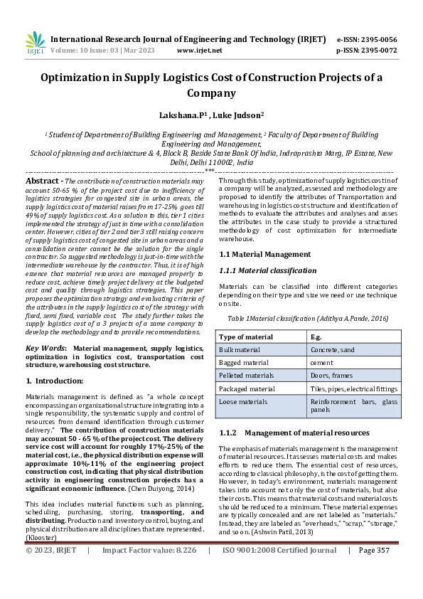 (PDF) Optimization in Supply Logistics Cost of Construction Projects of a Company