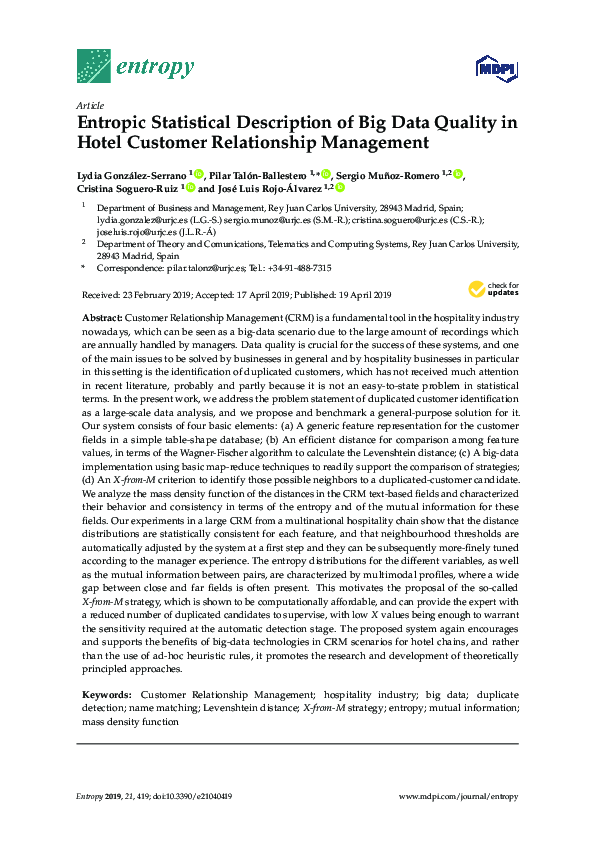 (PDF) Entropic Statistical Description of Big Data Quality in Hotel Customer Relationship Management