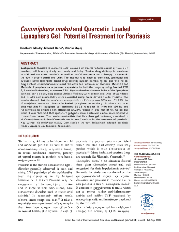 (PDF) Commiphora mukul and Quercetin Loaded Liposphere Gel: Potential Treatment for Psoriasis