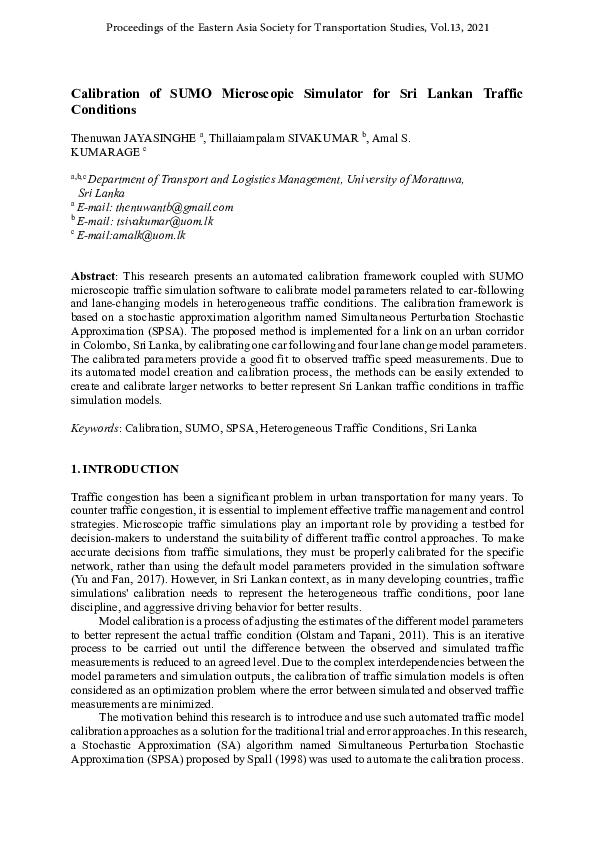 (PDF) Calibration of SUMO Microscopic Simulator for Sri Lankan Traffic Conditions
